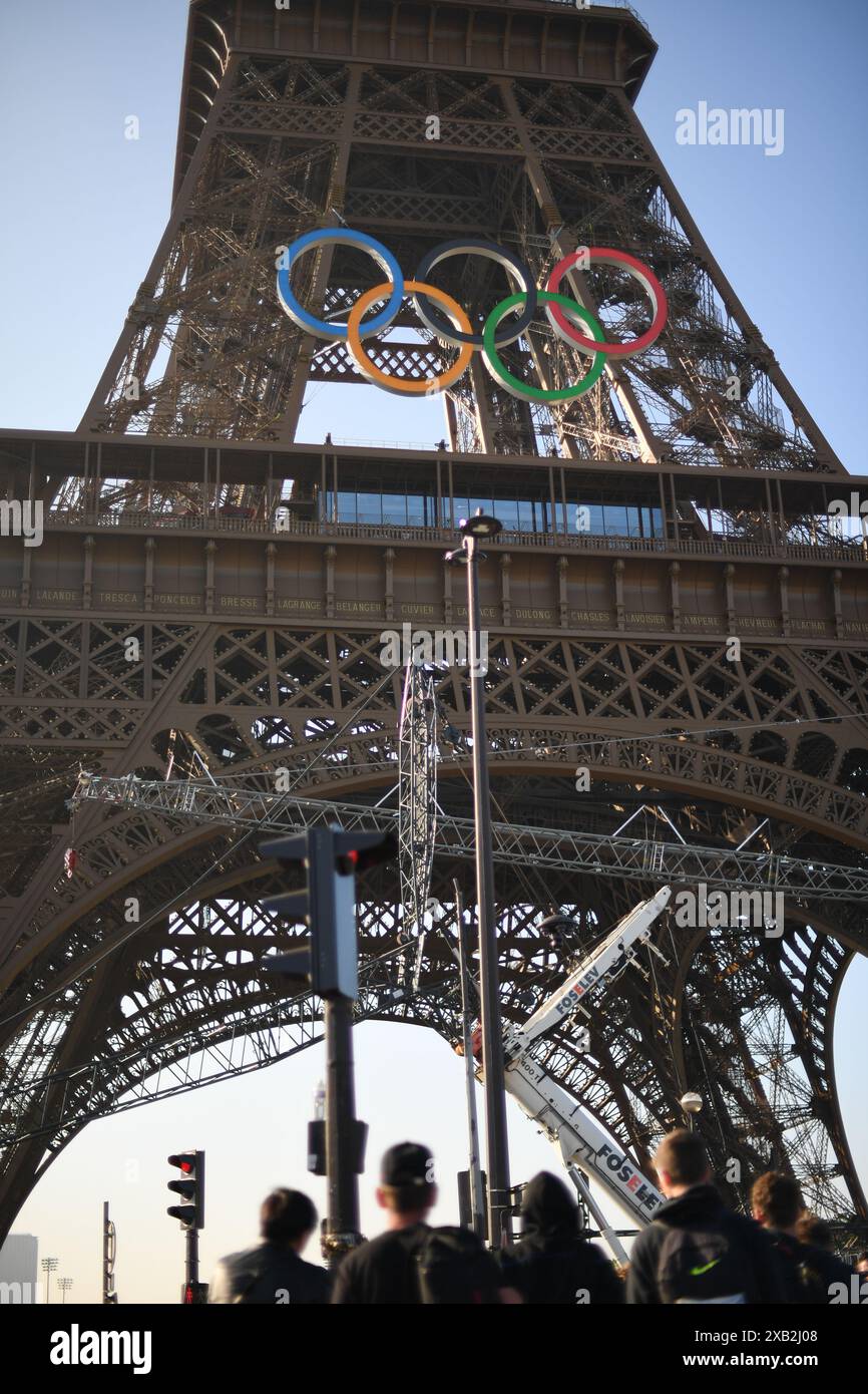 The logo of the Olympic games, the five Olympic Rings, is installed on ...