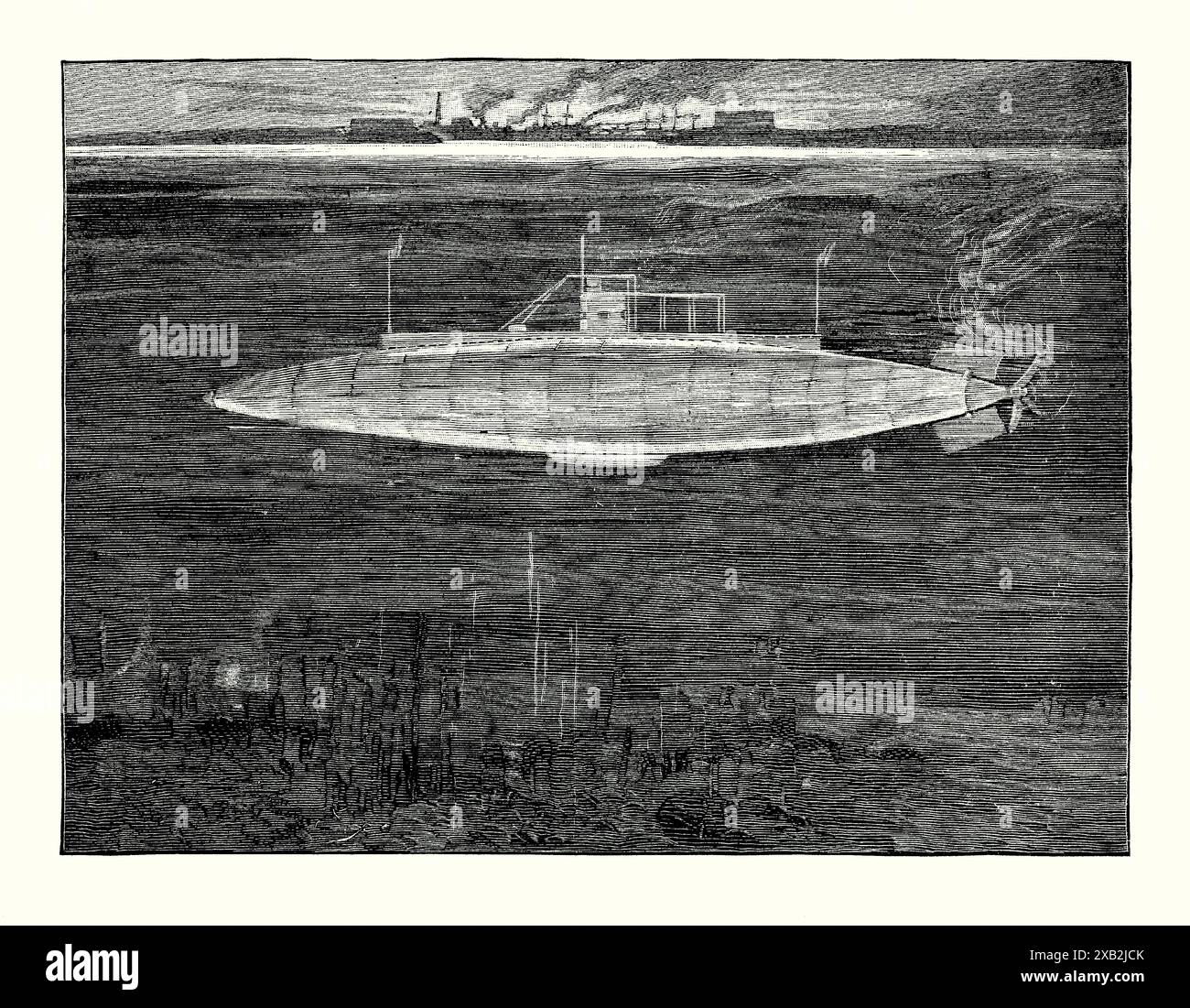 An old engraving of French Navy submarine ‘Gustave Zédé’ c.1900. It is ...