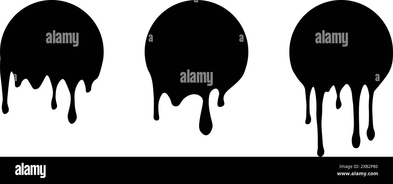 Set of drip circle labels. Paint drip stickers. Black paint liquid ...