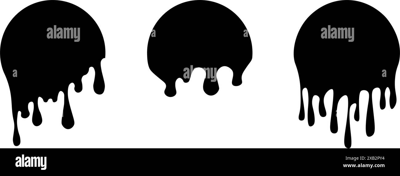 Set of drip circle labels. Paint drip stickers. Black paint liquid ...
