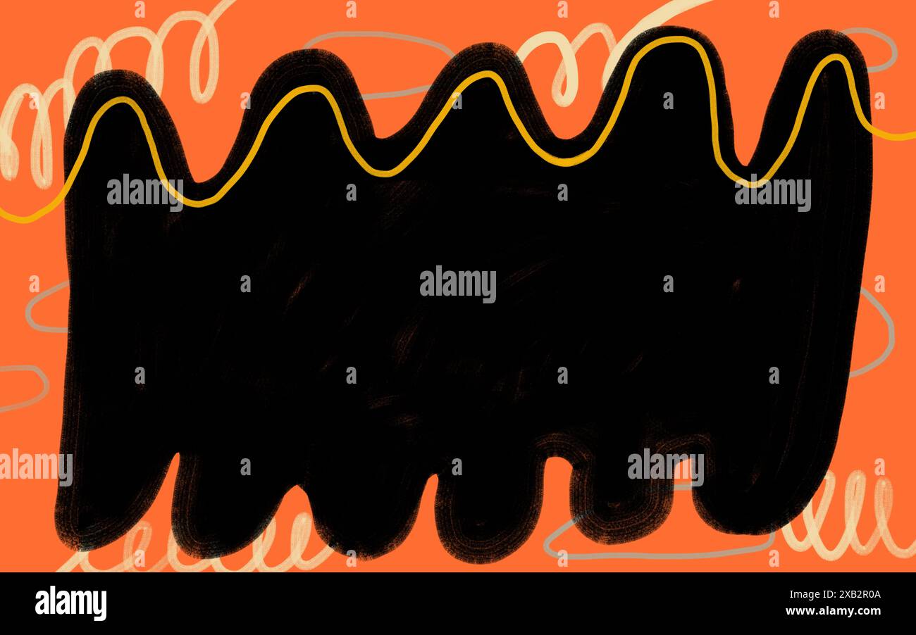 This abstract art piece features bold wavy lines in black and yellow ...