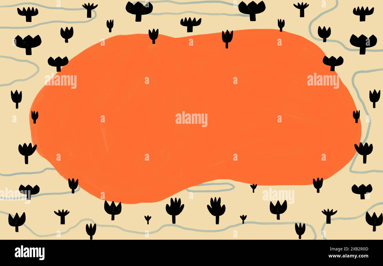 An abstract art piece depicting a stylized desert scene with black ...