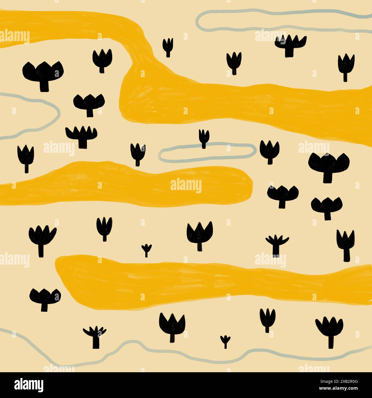 Whimsical abstract art depicting a desert landscape with playful plant ...