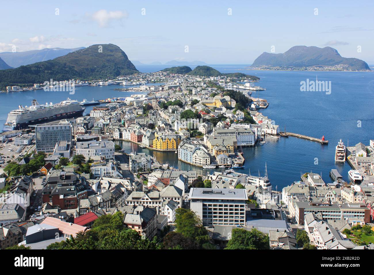 Aerial view of colorful Art Nouveau architecture in Alesund port from ...