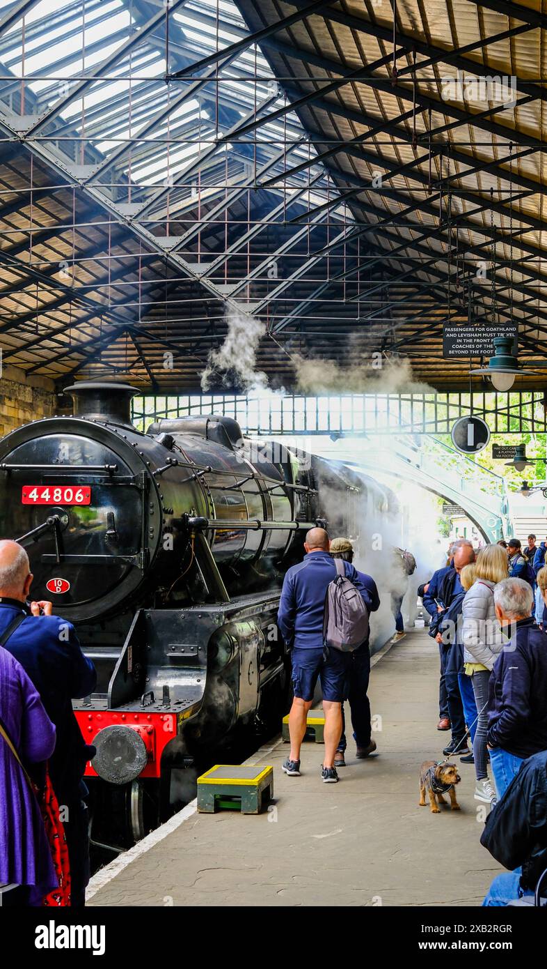 Steam train 44806 arriving at the platform in Pickering railway station ...