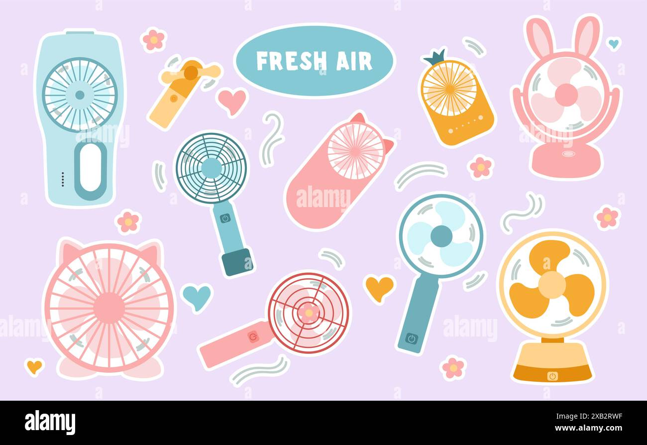 Set of modern portable fan. Comfort electric blower. Wind ventilator ...