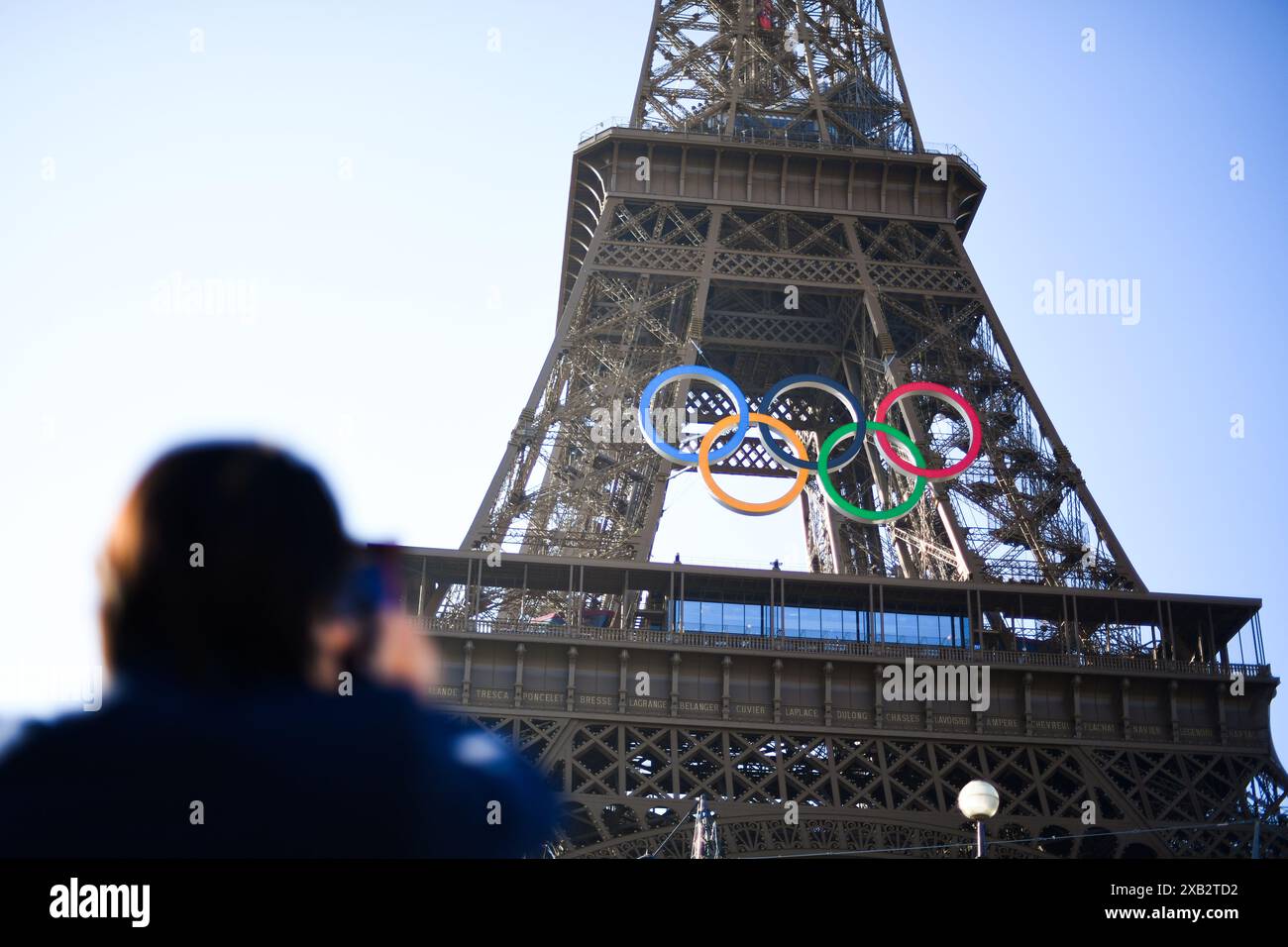 The logo of the Olympic games, the five Olympic Rings, is installed on ...