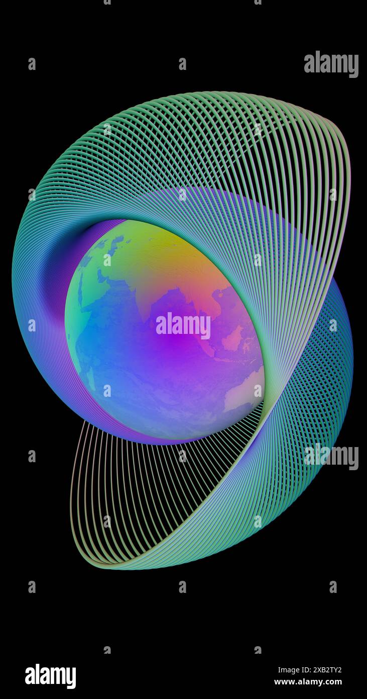 An illustration featuring an iridescent Earth enveloped by a vibrant ...