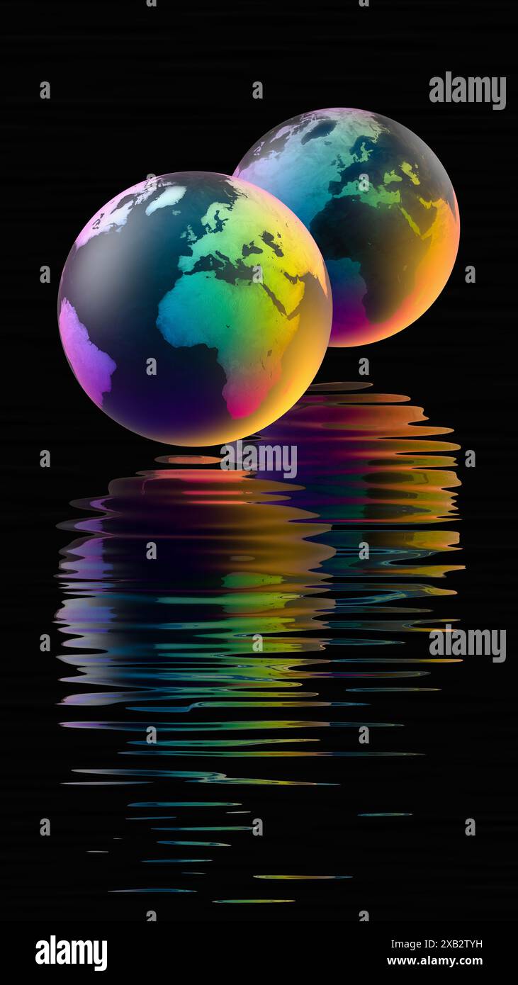 Two colorful globes representing Earth sit atop reflective water ...