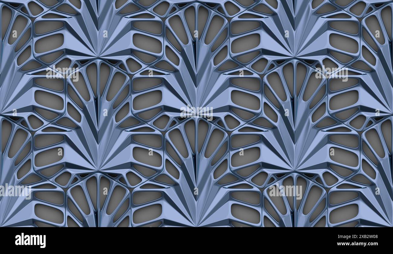 An intricate, abstract 3D pattern featuring geometric shapes in varying shades of gray that ...