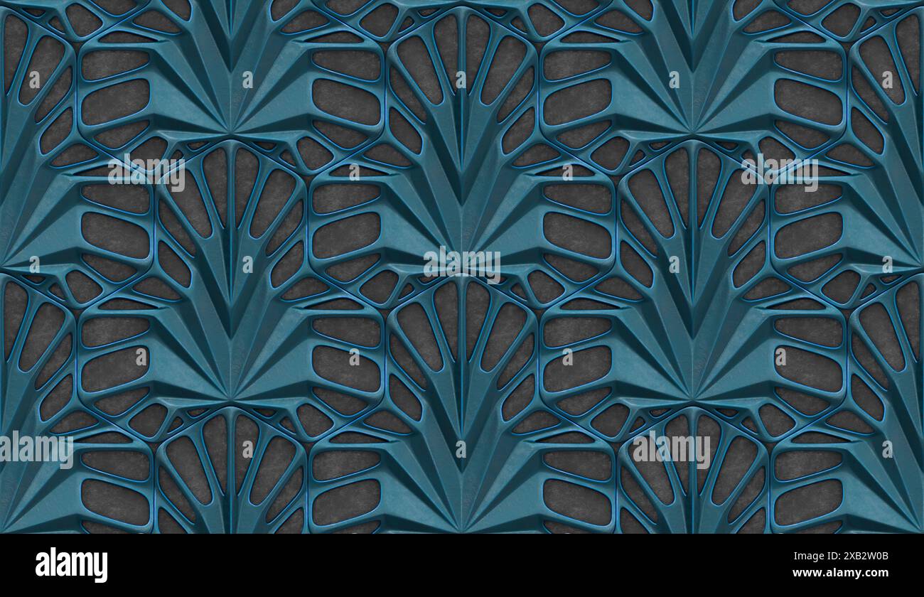 This image features a detailed blue geometric pattern with sharp angles ...