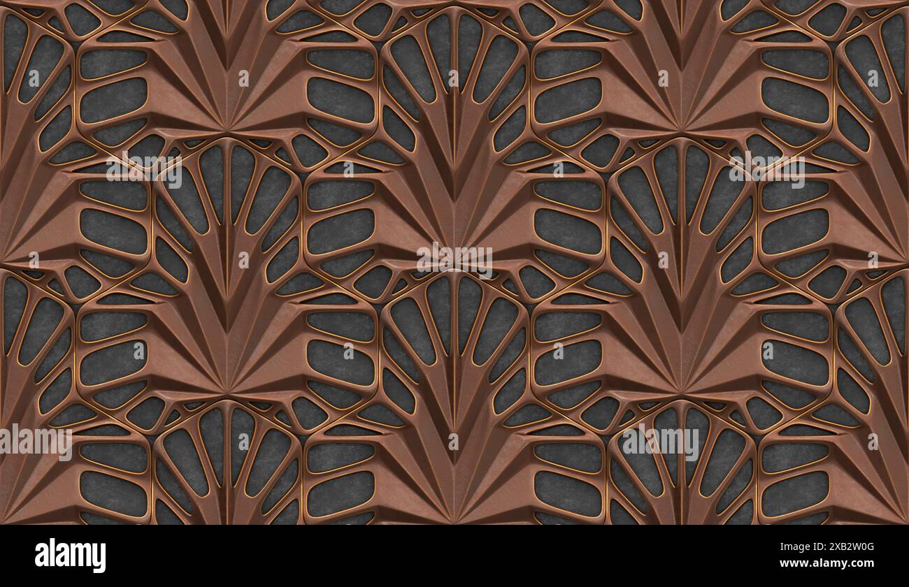 3D illustration of hard brown metal frame tiles with golden frayed ...