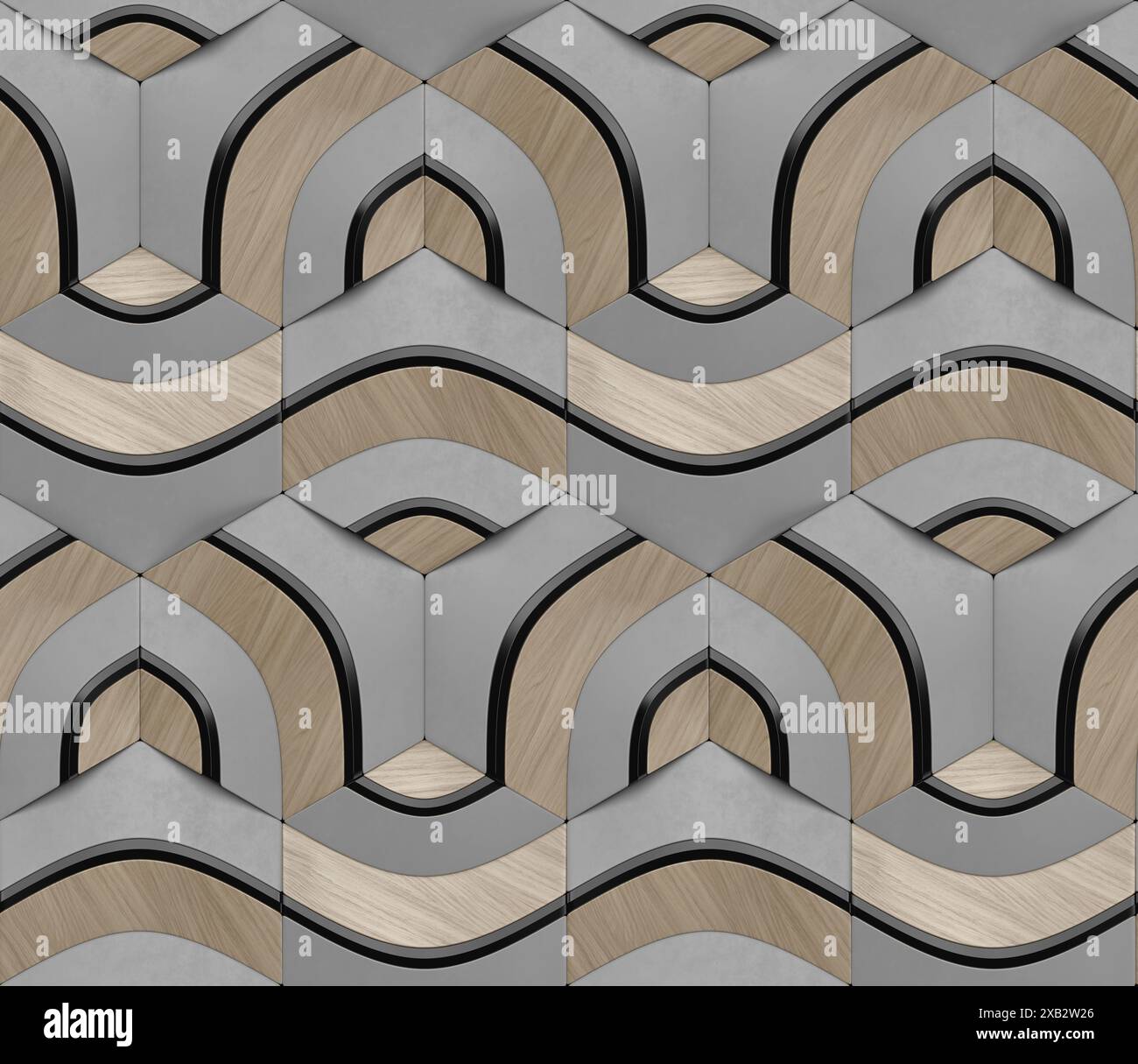 Geometric seamless 3D pattern in gray with black and wood elements ...