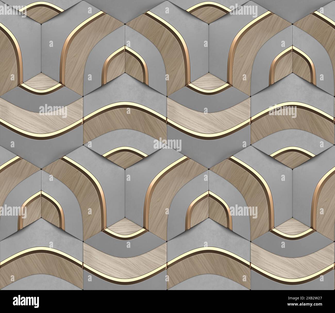 Geometric seamless 3D pattern in gray with gold and wood elements ...