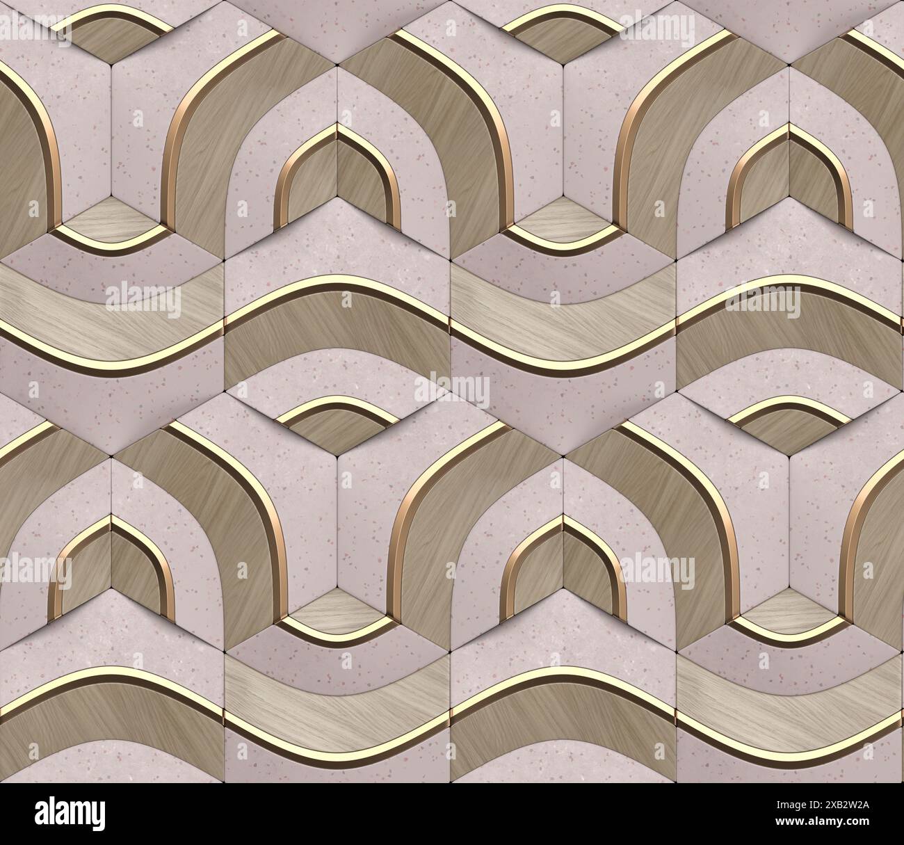 Geometric seamless 3D pattern in pink terrazzo with gold and wood ...