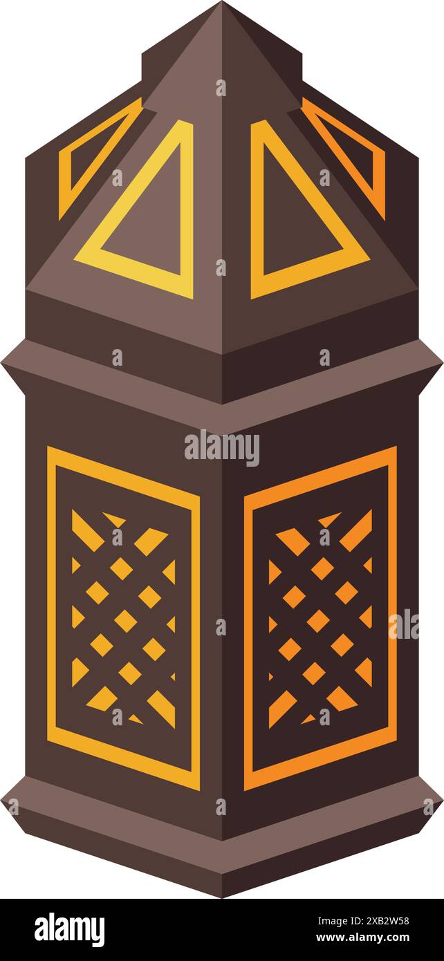 Traditional arabic lantern standing with intricate golden designs ...