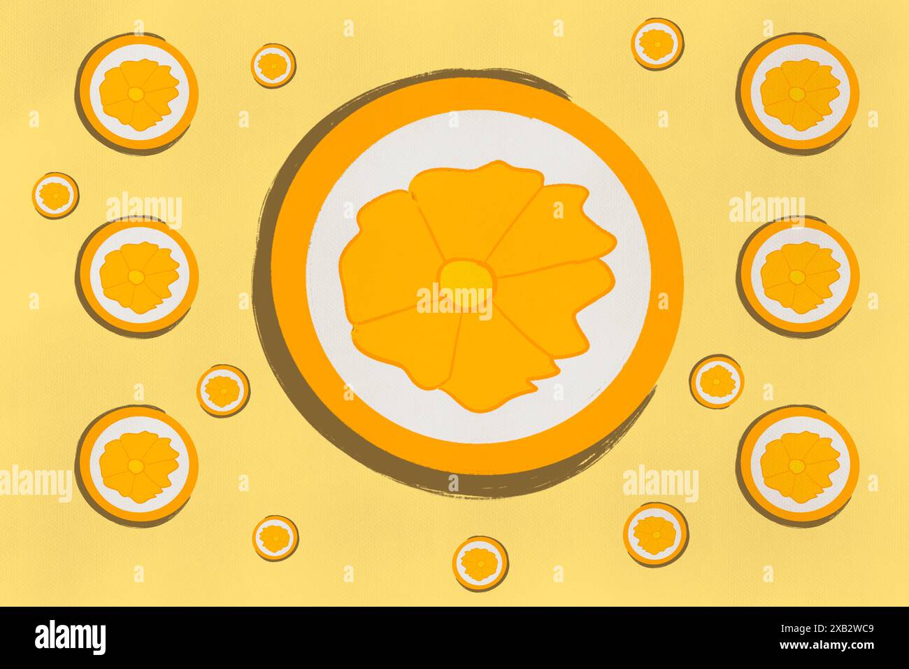 This image features bright orange floral designs on a warm yellow ...