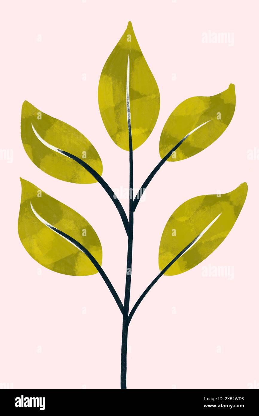 A simplistic, illustration of a plant with stylized green leaves ...