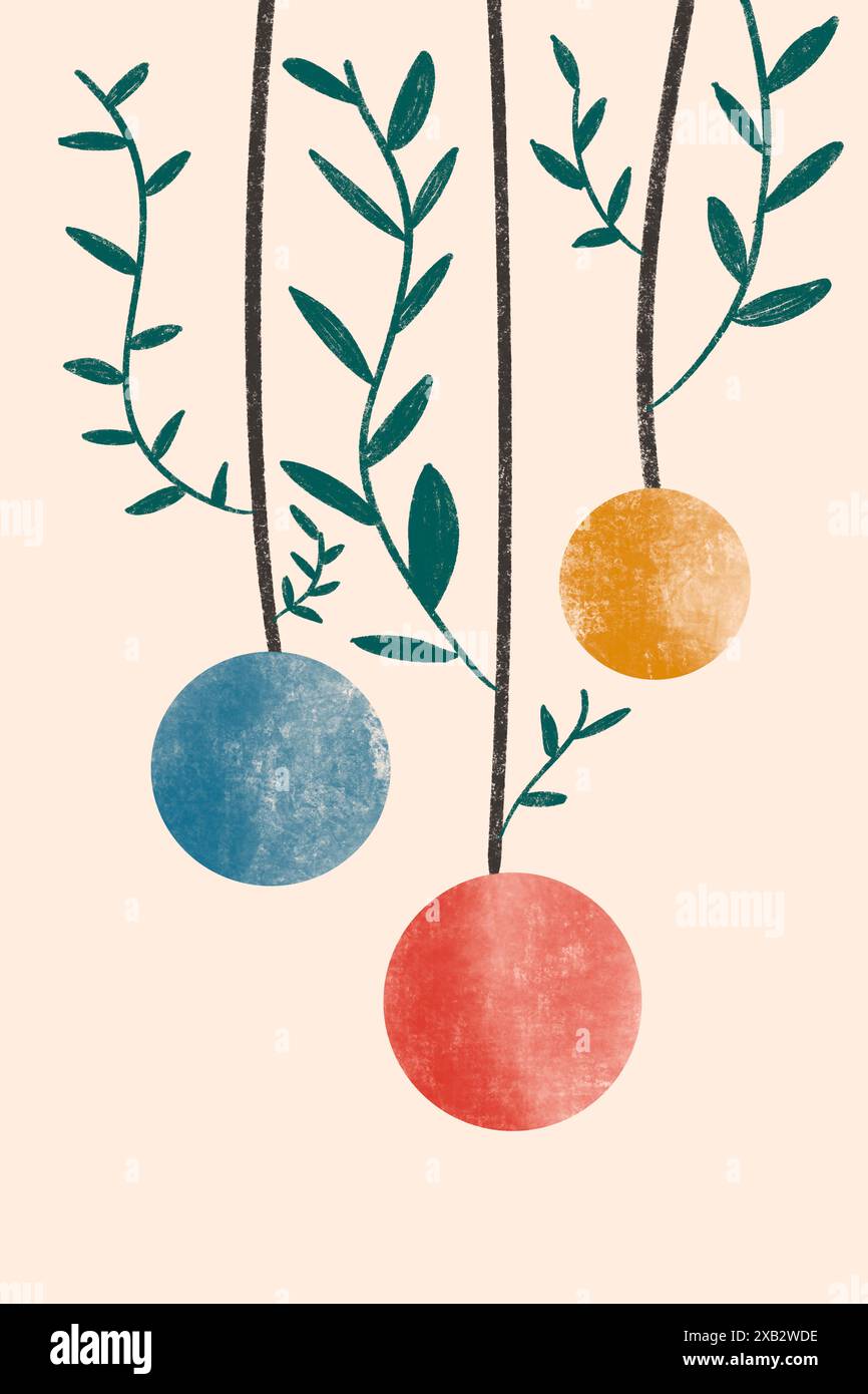 Whimsical illustration of three colorful circles with leafy vines on a ...