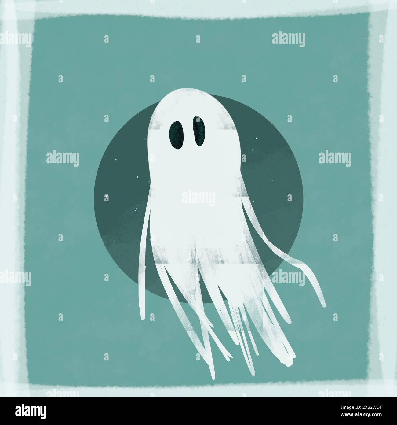 An adorable, simple cartoon ghost floats centrally over a circular moon ...