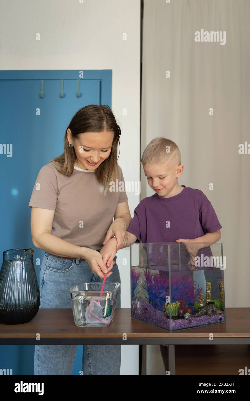 A woman and a young boy are focused on transferring a pet fish using a ...