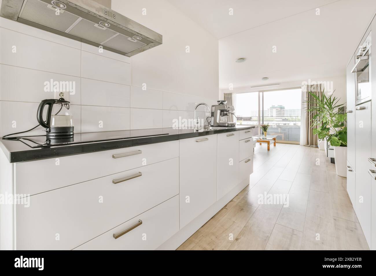 Bright and airy modern kitchen with sleek white cabinetry and black ...