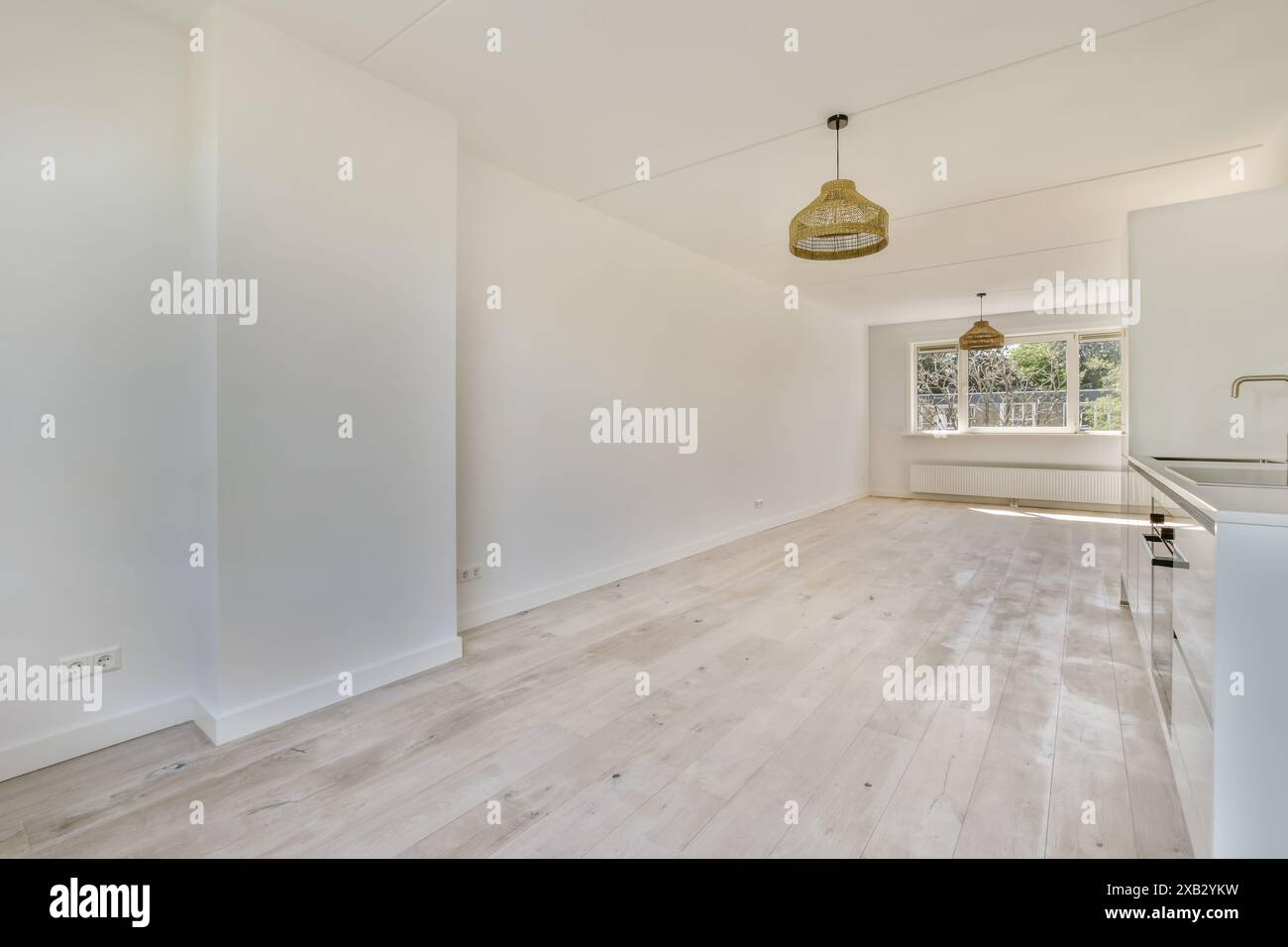 An empty, well-lit modern room featuring woven pendant lights, large ...