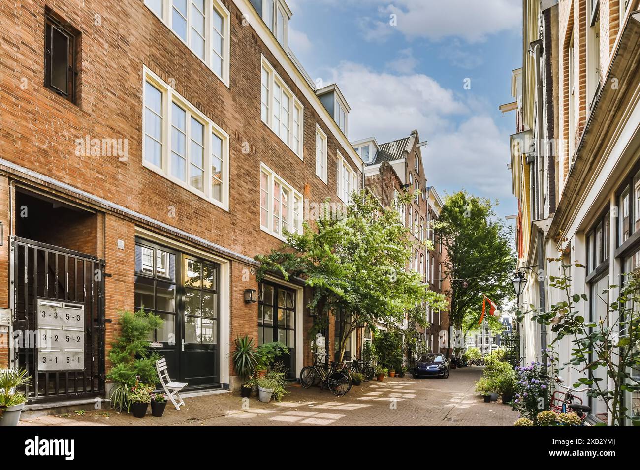 Quaint Amsterdam street lined with charming brick buildings, lush ...