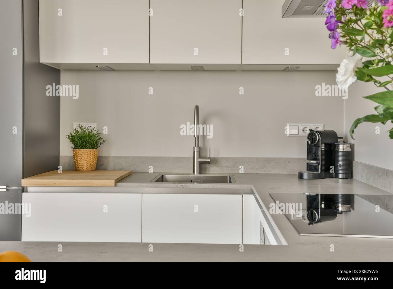 Modern kitchen interior showcasing sleek design with white cabinetry ...