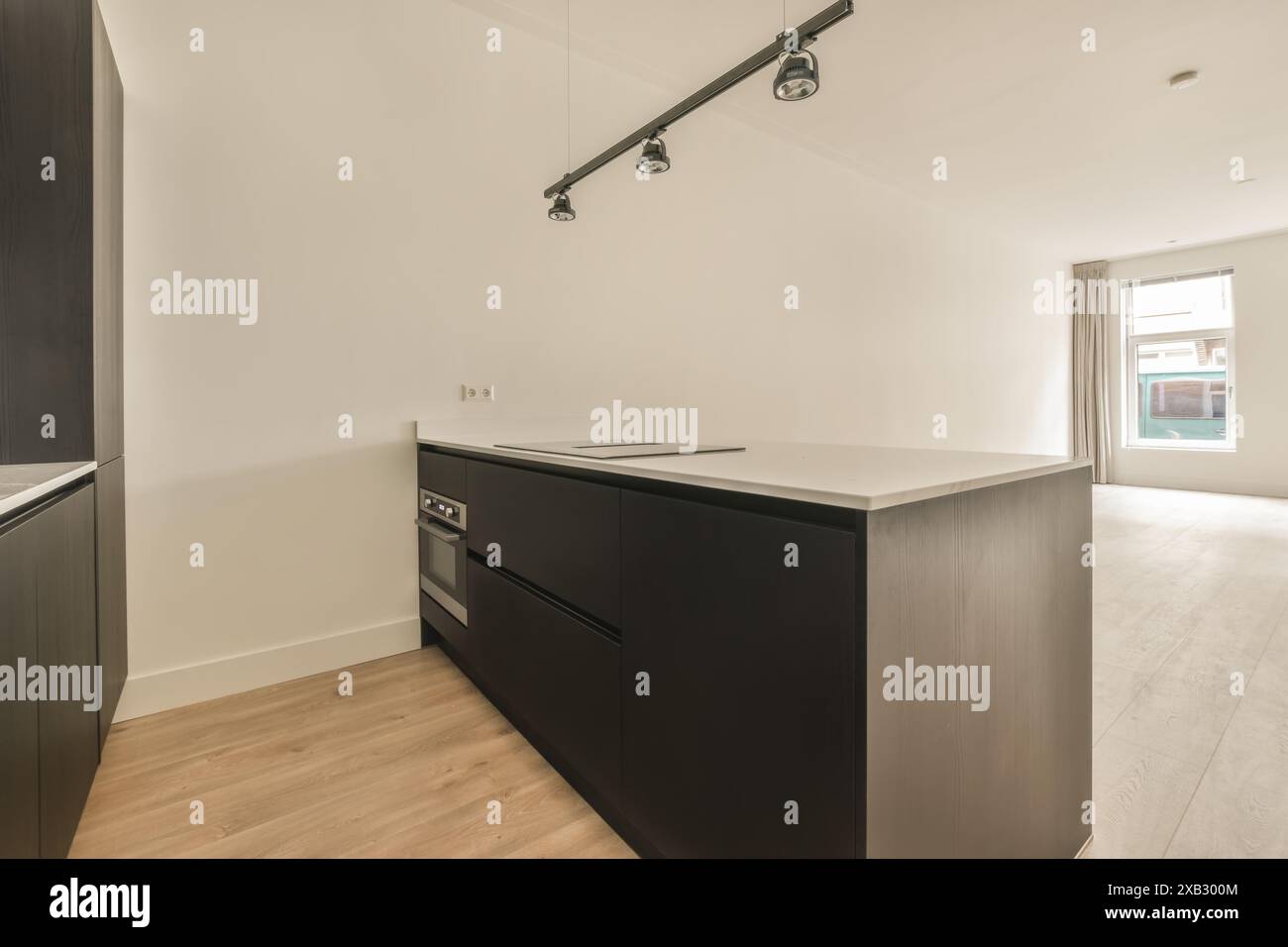 A contemporary kitchen boasts sleek black cabinetry, integrated ...