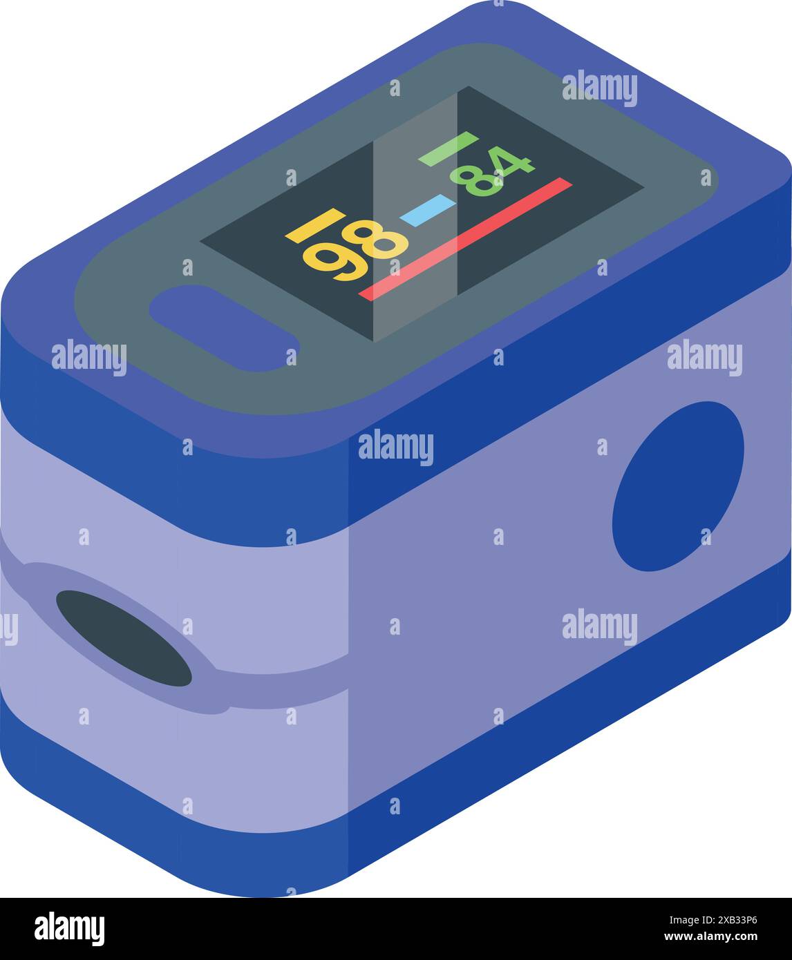 Blue and grey fingertip pulse oximeter displaying blood oxygen saturation and pulse rate Stock ...