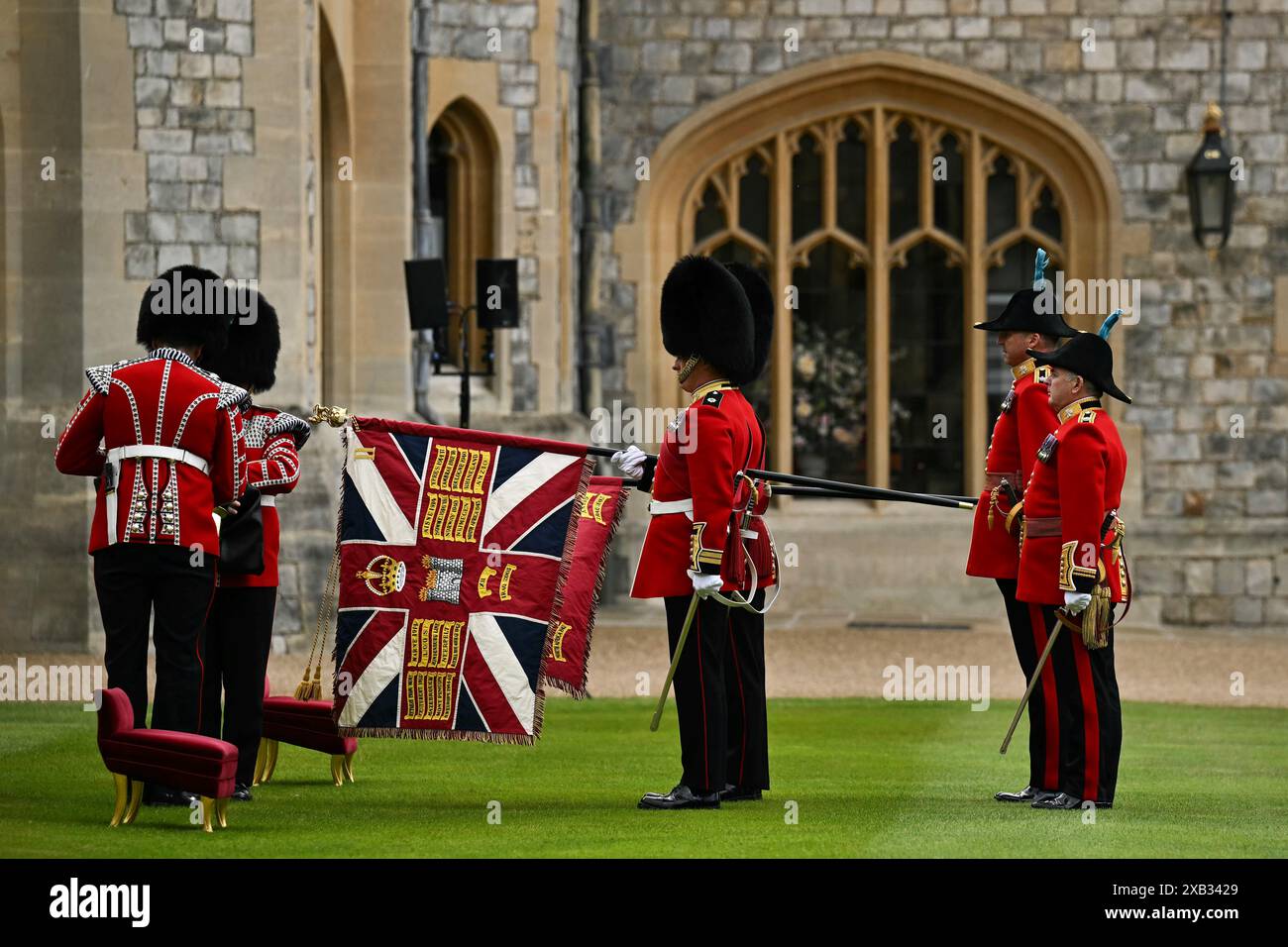 Soldiers from the Irish Guards holds the new colours, including The Regimental Colour during a ...