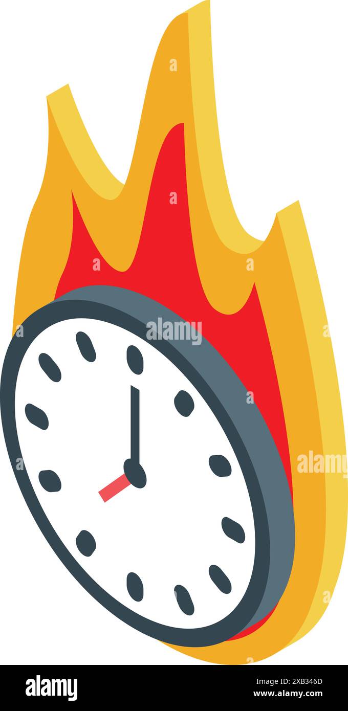 Clock face is surrounded by bright flames showing the concept of time ...