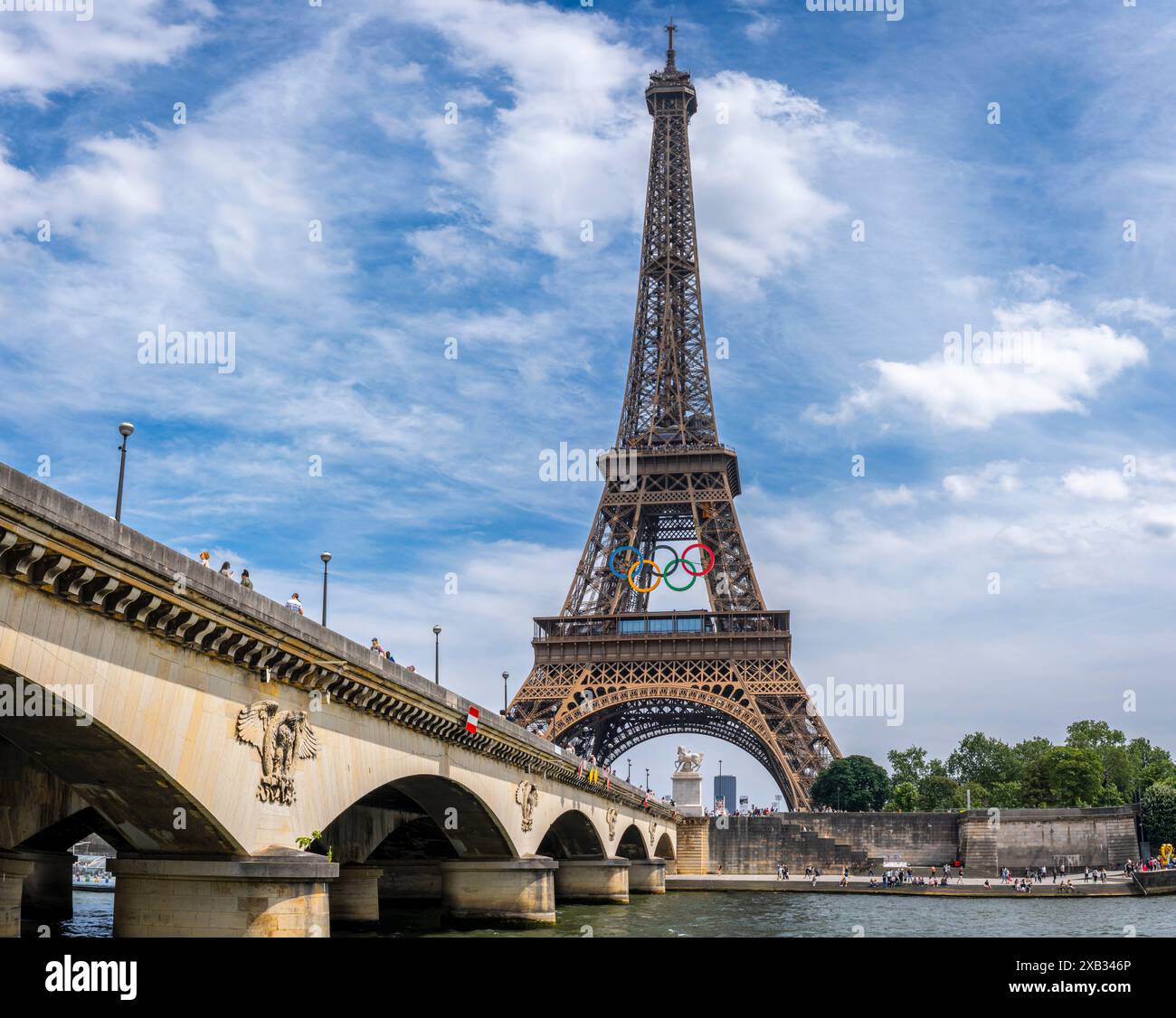 Paris, France - 08 06 2026: View of the Eiffel Tower with the the rings ...