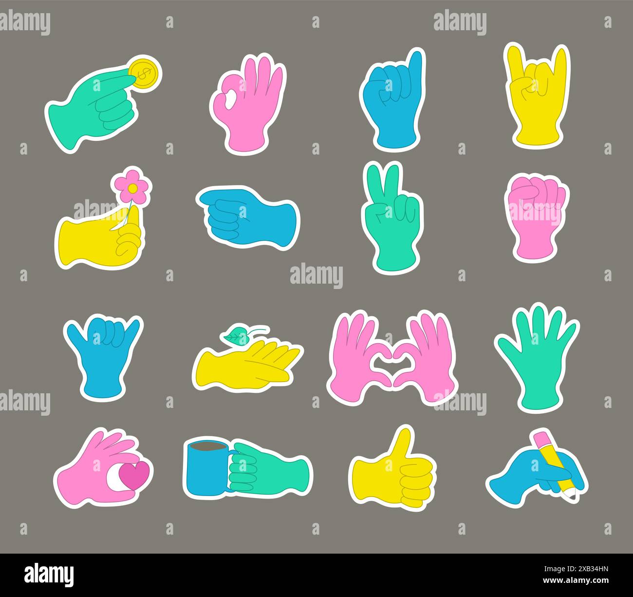 Set of hands abstract drawn comic. Multicolored different signs and ...