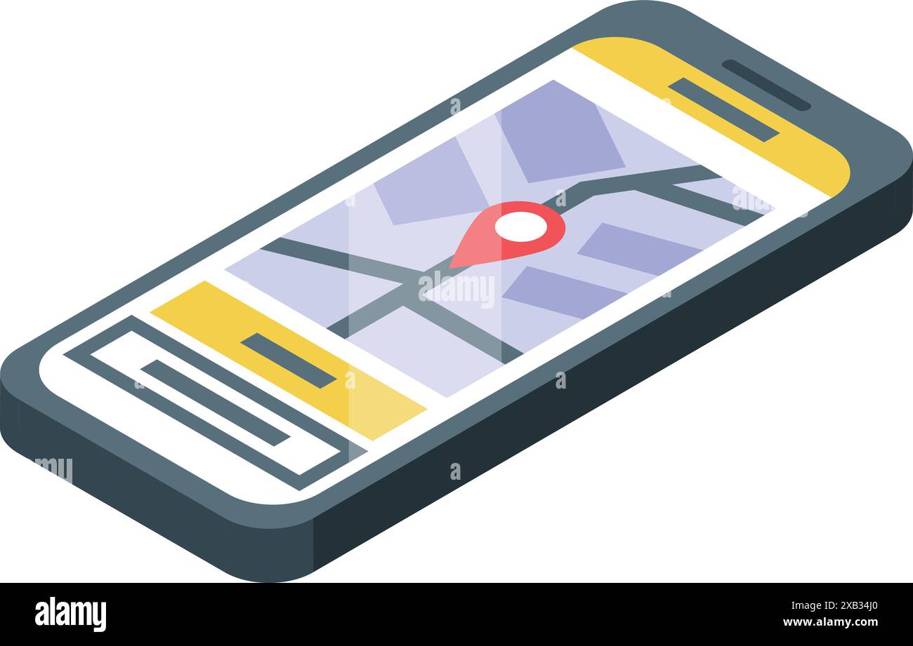 Isometric smartphone displaying map application with marked route and ...