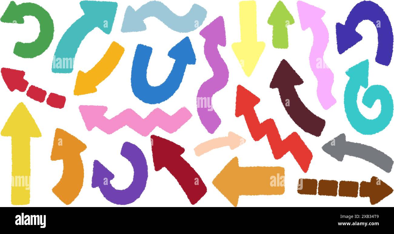 Hand drawn chalked arrows icons set. Free from different curved lines ...