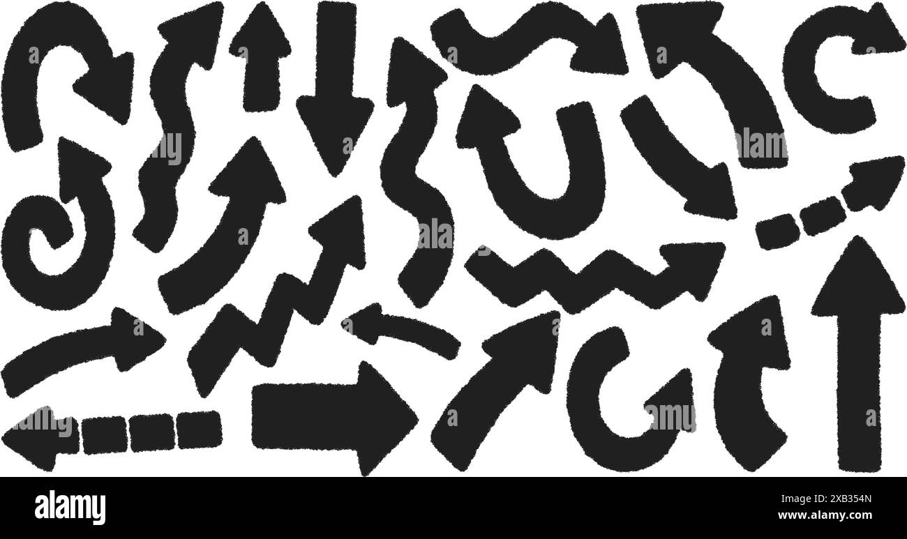 Hand drawn chalked arrows icons set. Free from different curved lines ...