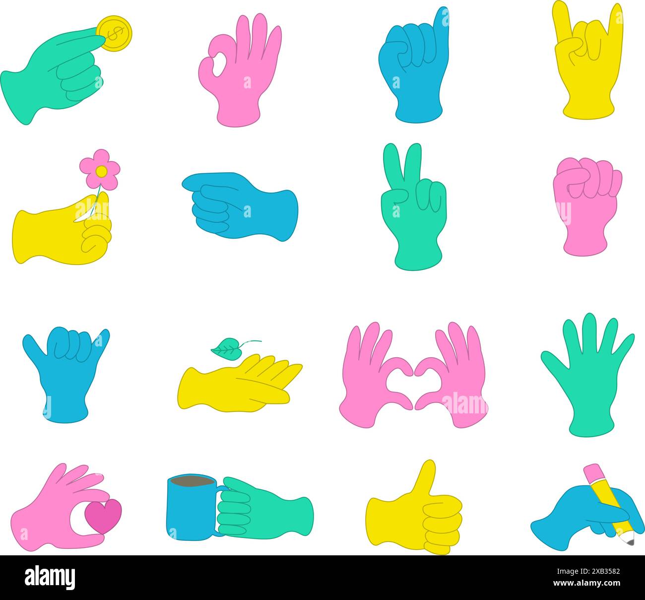 Set of hands abstract drawn comic. Multicolored different signs and ...