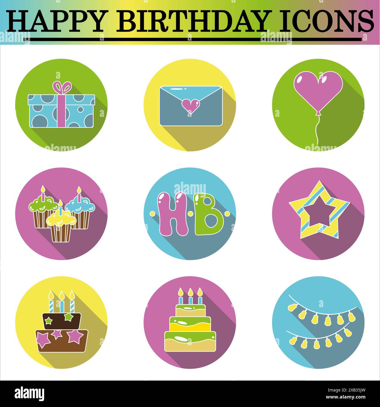Set of birthday flat icons with shadow on the white background ...