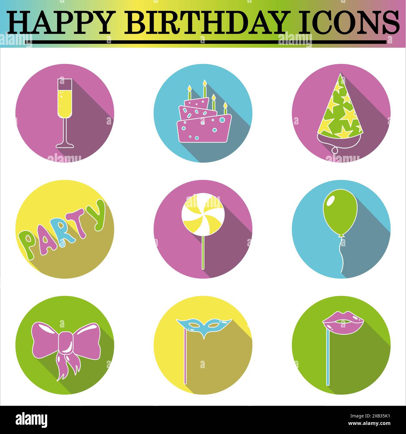 Set of birthday flat icons with shadow on the white background ...