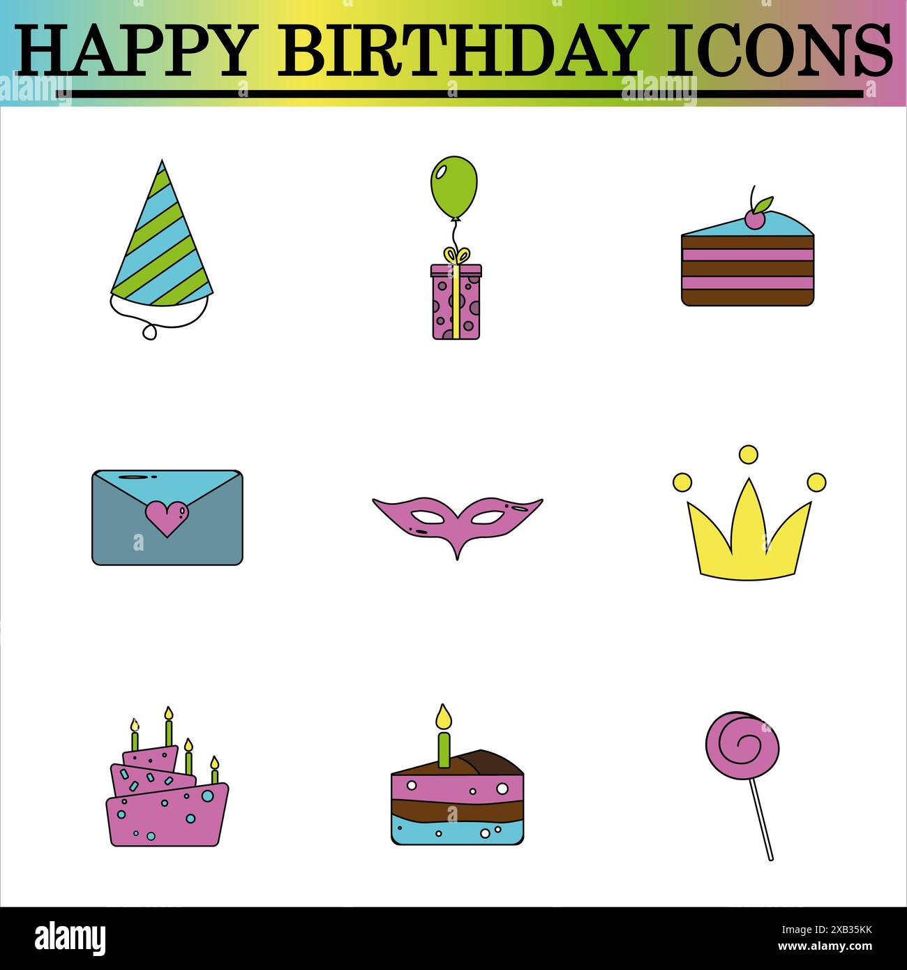 Set of birthday flat icons on the white background. Celebration icons ...