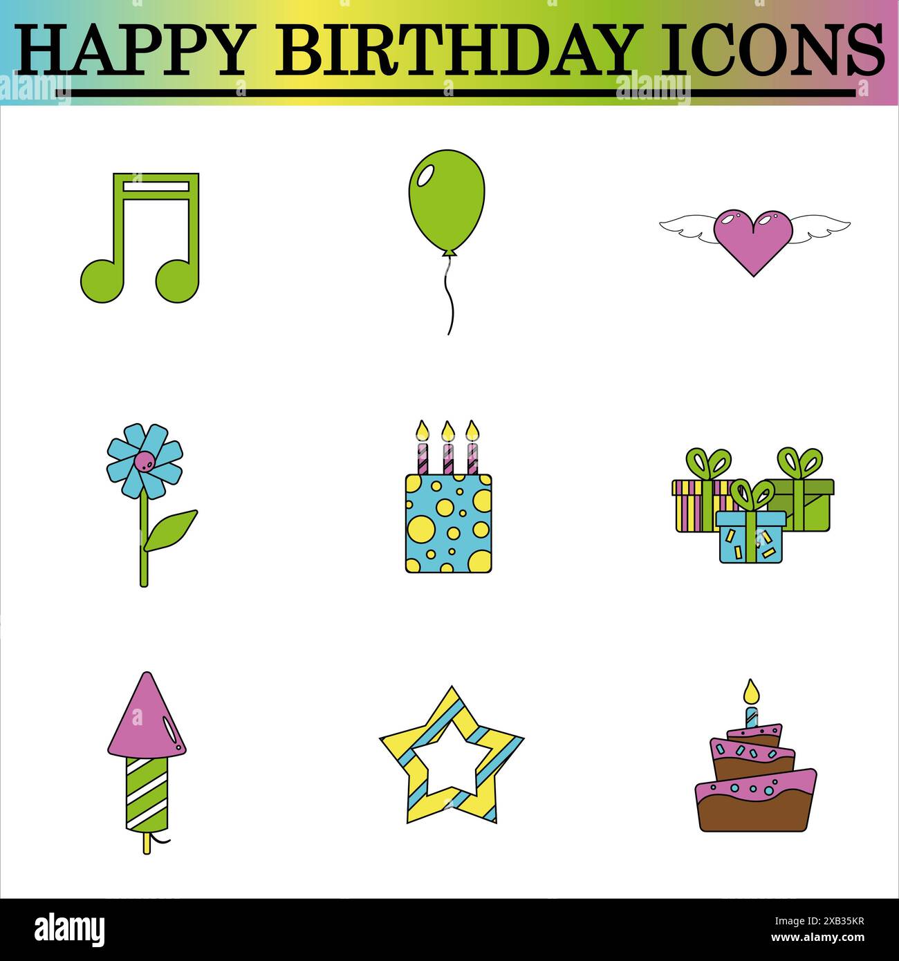 Set of birthday flat icons on the white background. Celebration icons ...