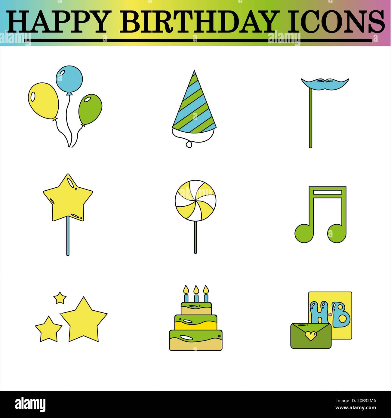 Set of birthday flat icons on the white background. Celebration icons ...