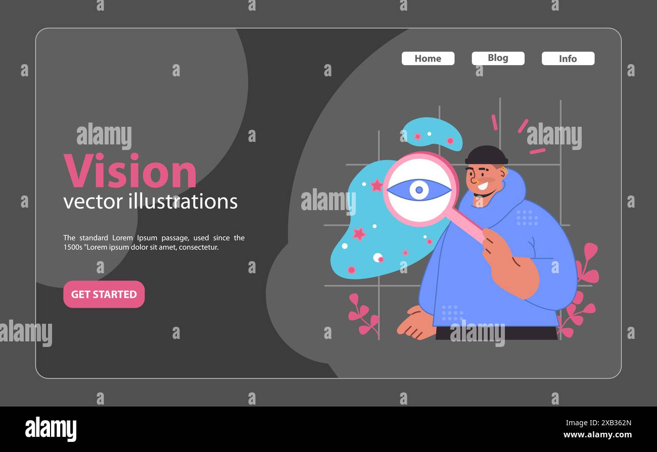 Vision illustration. A man investigates the intricacies of sight with a ...
