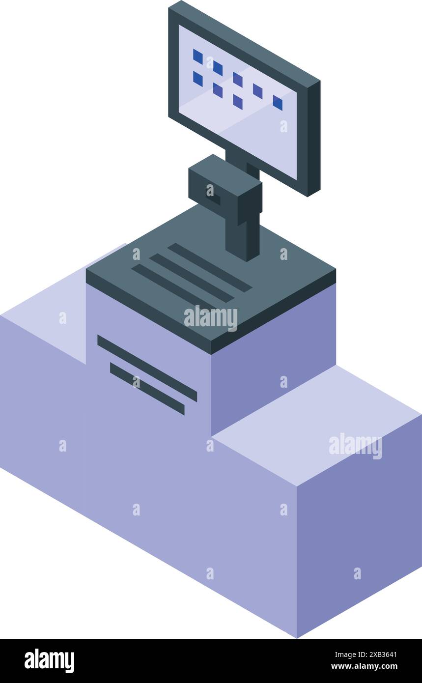 Isometric pos terminal with blank screen displaying processing bar ...