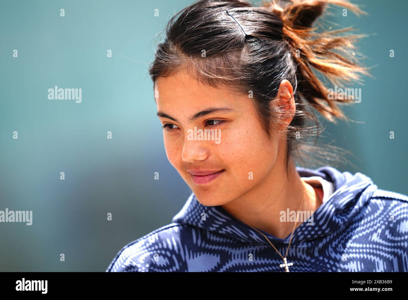 Emma Raducanu speaks with the media on day one of the Rothesay Open at ...