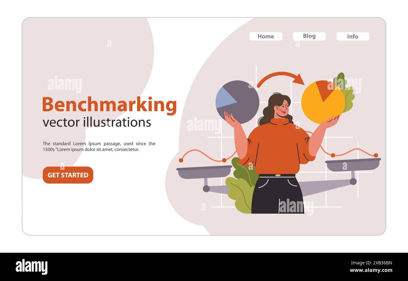 Benchmarking concept. Businesswoman comparing two pie charts, analyzing ... Benchmarking concept. Businesswoman comparing two pie charts, analyzing ...