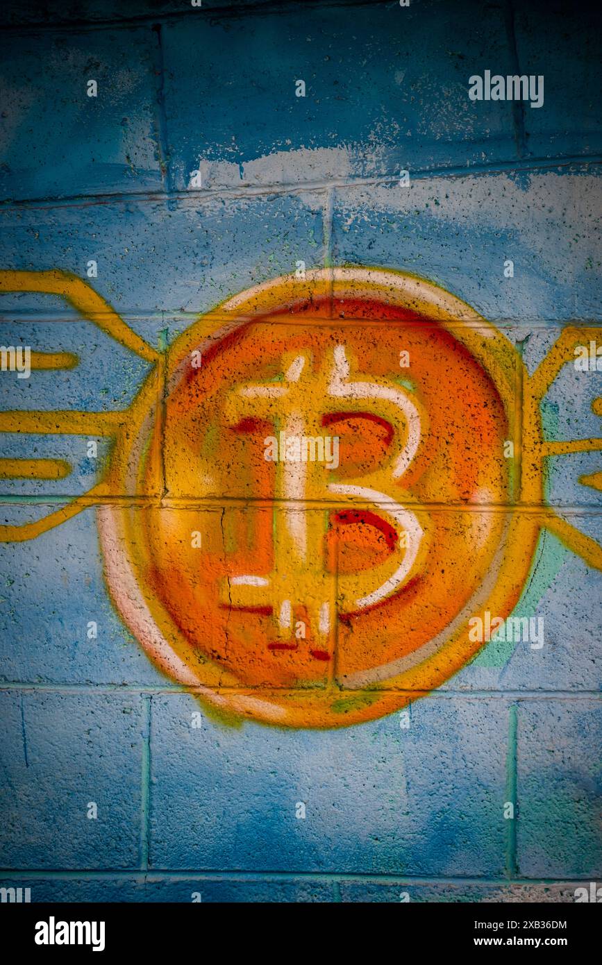 The Bitcoin sign, El Tunco, surf town in La Libertad department, El ...
