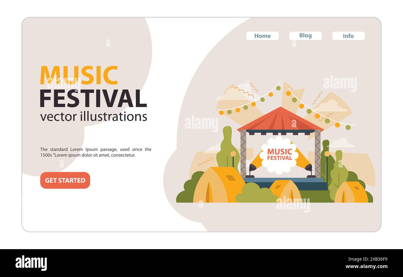 Outdoor music festival stage set amidst nature, with tents, vibrant ...